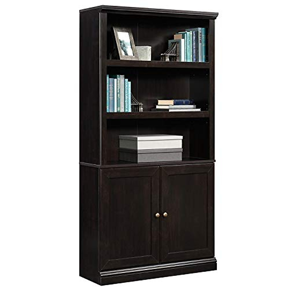 Sauder Misc Storage 3-Shelf 2-Door Tall Wood Bookcase in Estate Black