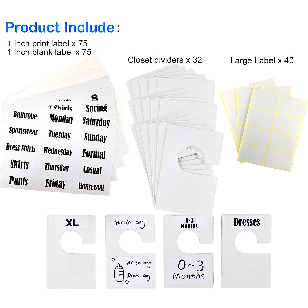 TraGoods 20 Pack White Clothing Rack Size Dividers Plus 90 Labels (1 Inch) and 20 Large Blank Labels, Large Rectangular Clothing Closet Dividers (Pearl White)