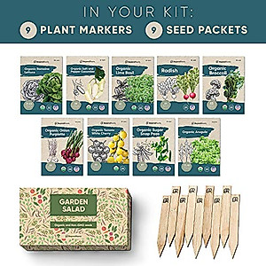 Certified Organic Vegetable Seeds - 9 Heirloom Seeds for Planting Vegetables - Seed Packets & Gift Box - Cherry Tomato, Romaine Lettuce, Broccoli, Cucumber, Radish, Sugar Snap Pea, Arugula, Basil