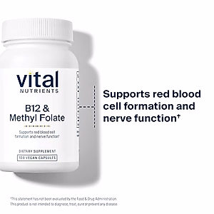 Vital Nutrients Vitamin B12 & Methyl Folate | Vegan Methylated Folate and B12 Supplement | Supports Nervous System & Metabolism* | High-Potency B12 Vitamins * | Gluten, Dairy, Soy Free | 100 Capsules