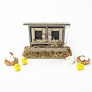 Hiawbon Miniature Retro Wooden Chicken Coop Mini Family Chicken,Hen,Chick,Egg,Chicken Nest Ornament Micro Landscape Fairy Garden Decor
