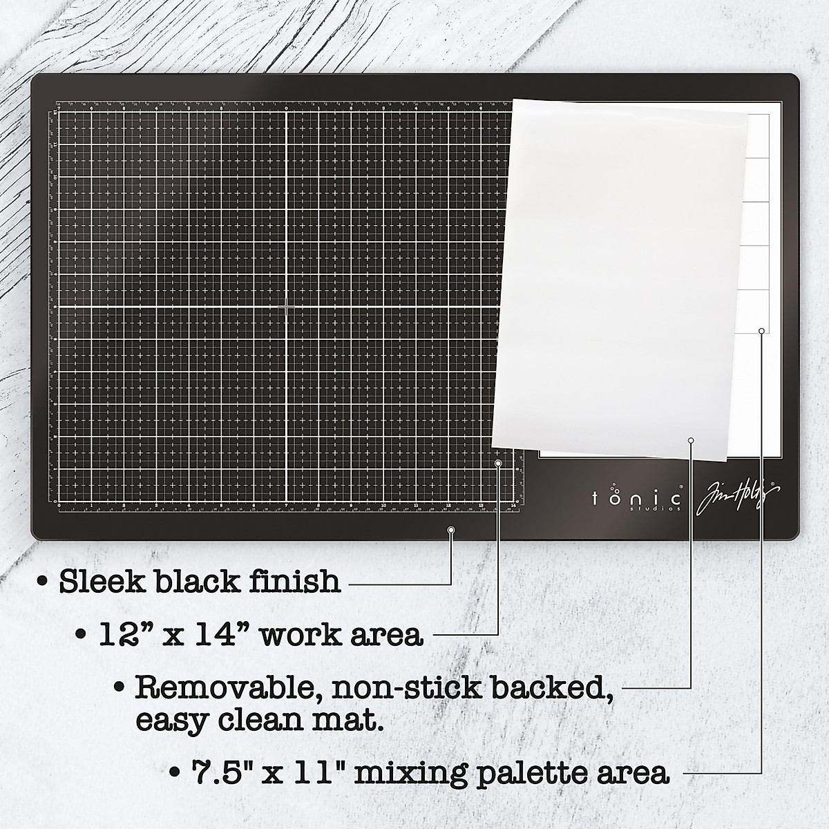 Tim Holtz Glass Cutting Mat - Large Work Surface with 12x14 Measuring Grid and Palette for Paint, Ink, and Mixed Media - Art and Craft Supplies