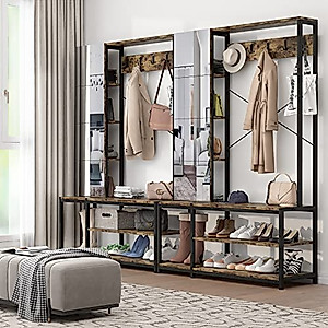 PAKASEPT Hall Tree with Mirror, Freestanding Closet Organizer, Garment Rack with Mirror, Heavy Duty Garment Rack Hanging Clothing Wardrobe Storage Closet for Bedroom