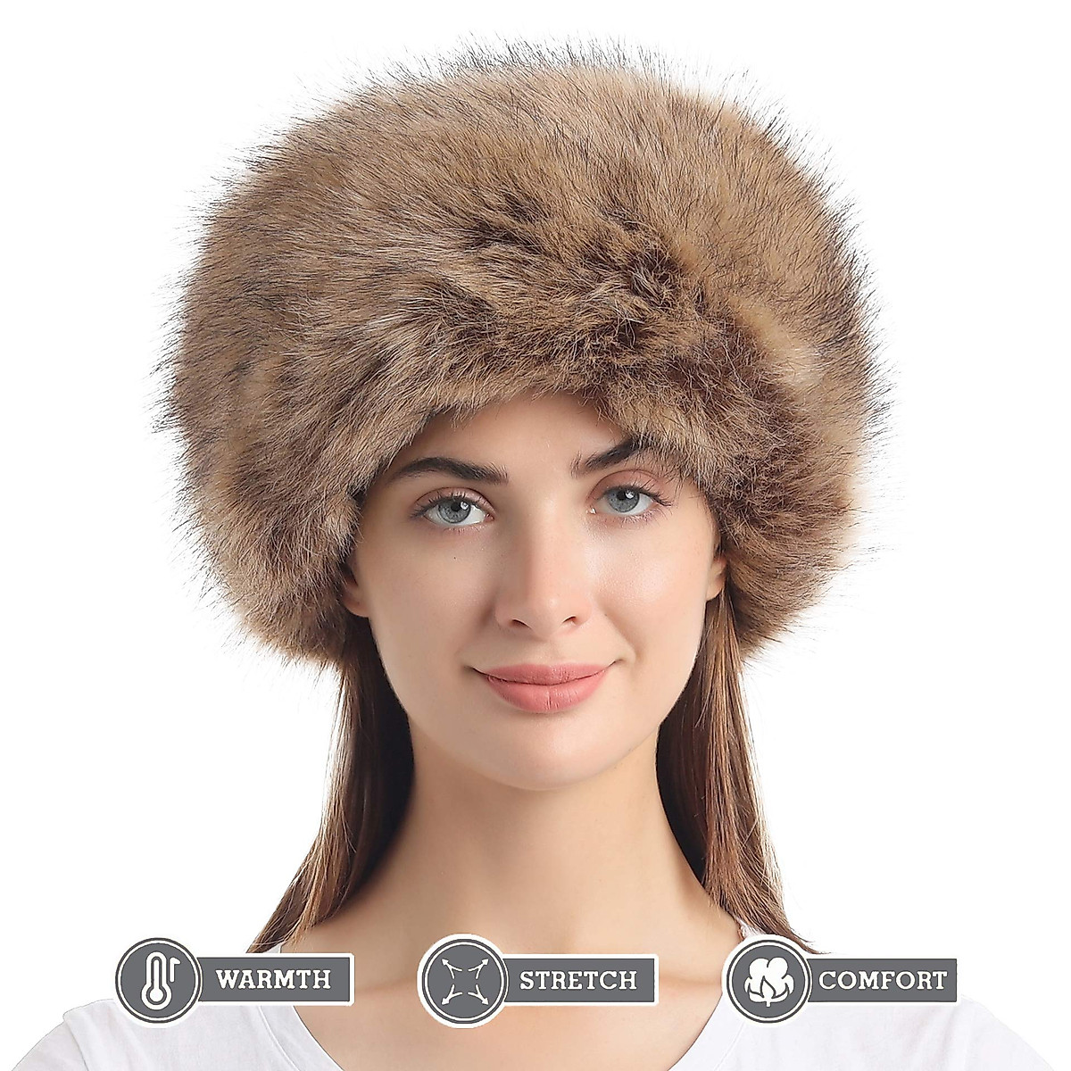 La Carrie Women's Faux Fur Hat For Winter With Stretch Cossack Russion Style, Nature