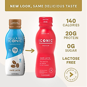 Iconic Protein Drinks, Café Latte (12 Pack) - Sugar Free & Low Carb - 20g Protein + 100mg Caffeine - Lactose Free, Gluten Free - Keto Friendly Protein Coffee