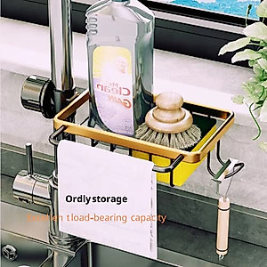 Kitchen Sink Rack Faucet Sponge Holder Over The Sink Organizer Faucet Rack with Hook，A Free Dishcloth Note：Round Pipe with Diameter 0.7-1.1 Inchs Can Be Used（Aluminum,Single Right Blackgolden）