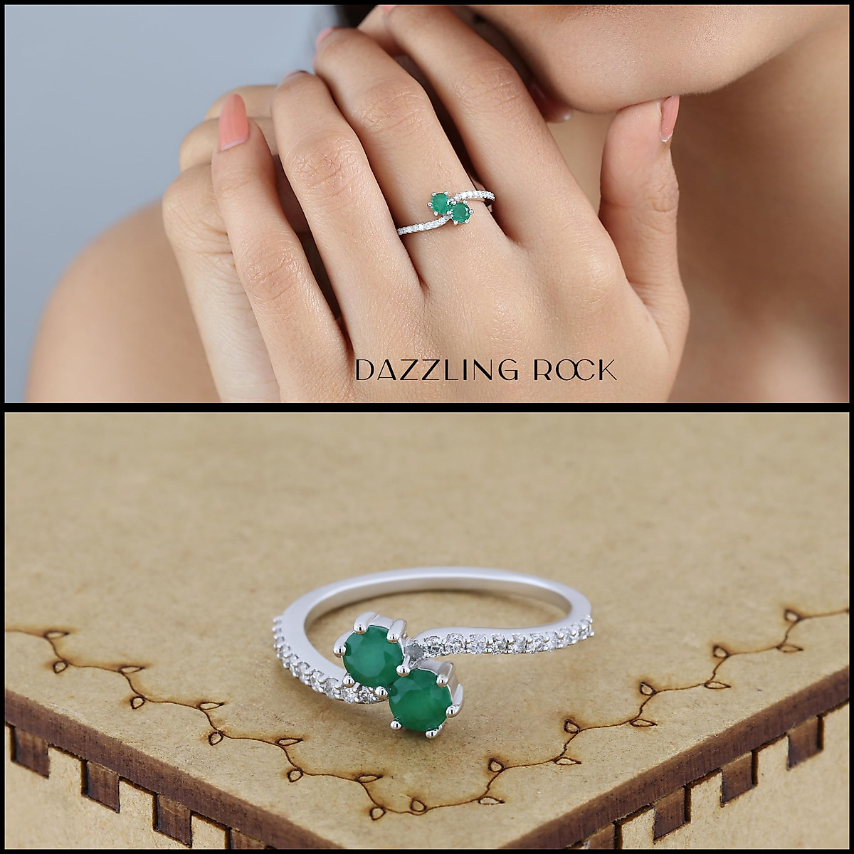 Dazzlingrock Collection Round Emerald & White Diamond Two Stone Swirl Engagement Ring in 14K White Gold, Size 7