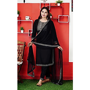 COTTON HTHRANG Indian Women's Tunic Tops Straight Rayon Black Kurtis Pant Sets W Chiffon Dupatta/A-Line Kurti Tunics