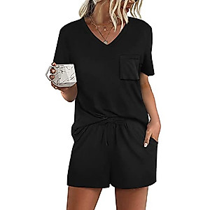 RUBZOOF Two Piece Outfits for Women Short Sleeve V Neck Casual Summer Pjs Lounge Sets Black XL