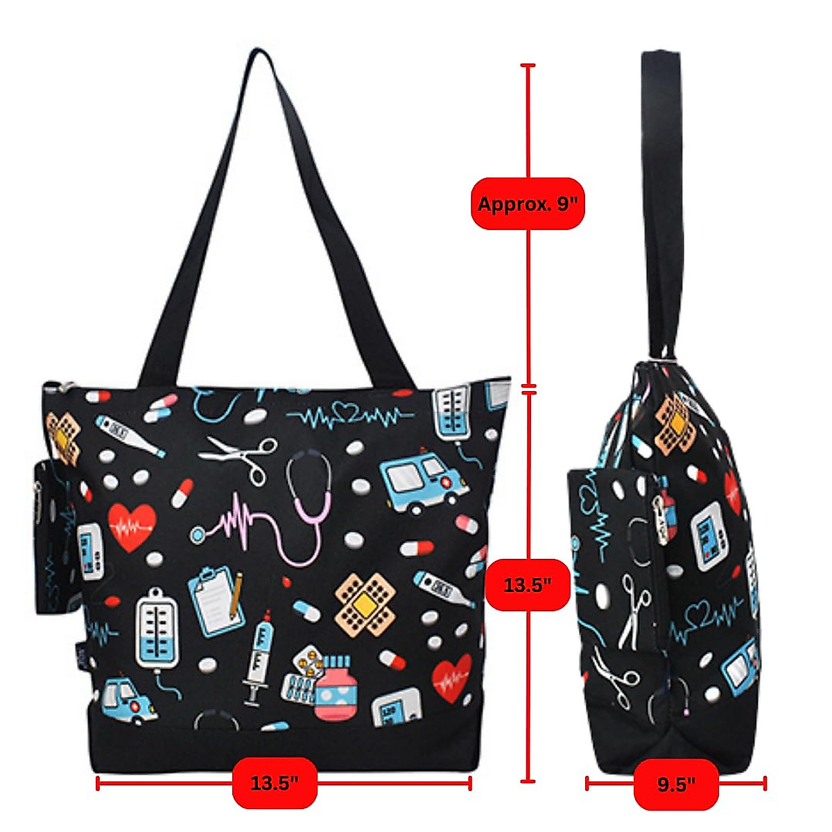 NGIL Medium Top Zipper Closure Canvas Tote Bag with Attached Matching Coin Purse For Moms and Nurses (Nurse Print-Black)