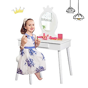 Costzon Kids Vanity Set, Wooden Princess Makeup Table with Cushioned Stool, Large Drawer, Solid Wooden Legs and Crown Mirror, Pretend Beauty Make Up Dressing Play Set for Girls Best Gift (White)