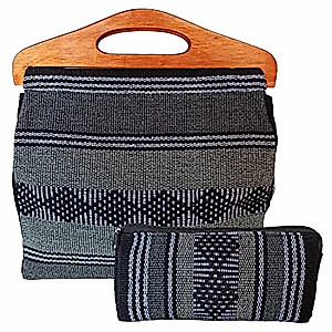 MEXICANDOO Set of Authentic Mexican Handcrafted Woven Handbag with Wooden Handles and Matching Clutch Bag for Women or Girls. Casual Purse, Bohemian, Boho, Sarape, Baja, Aztec, Summer, Beach (Black)