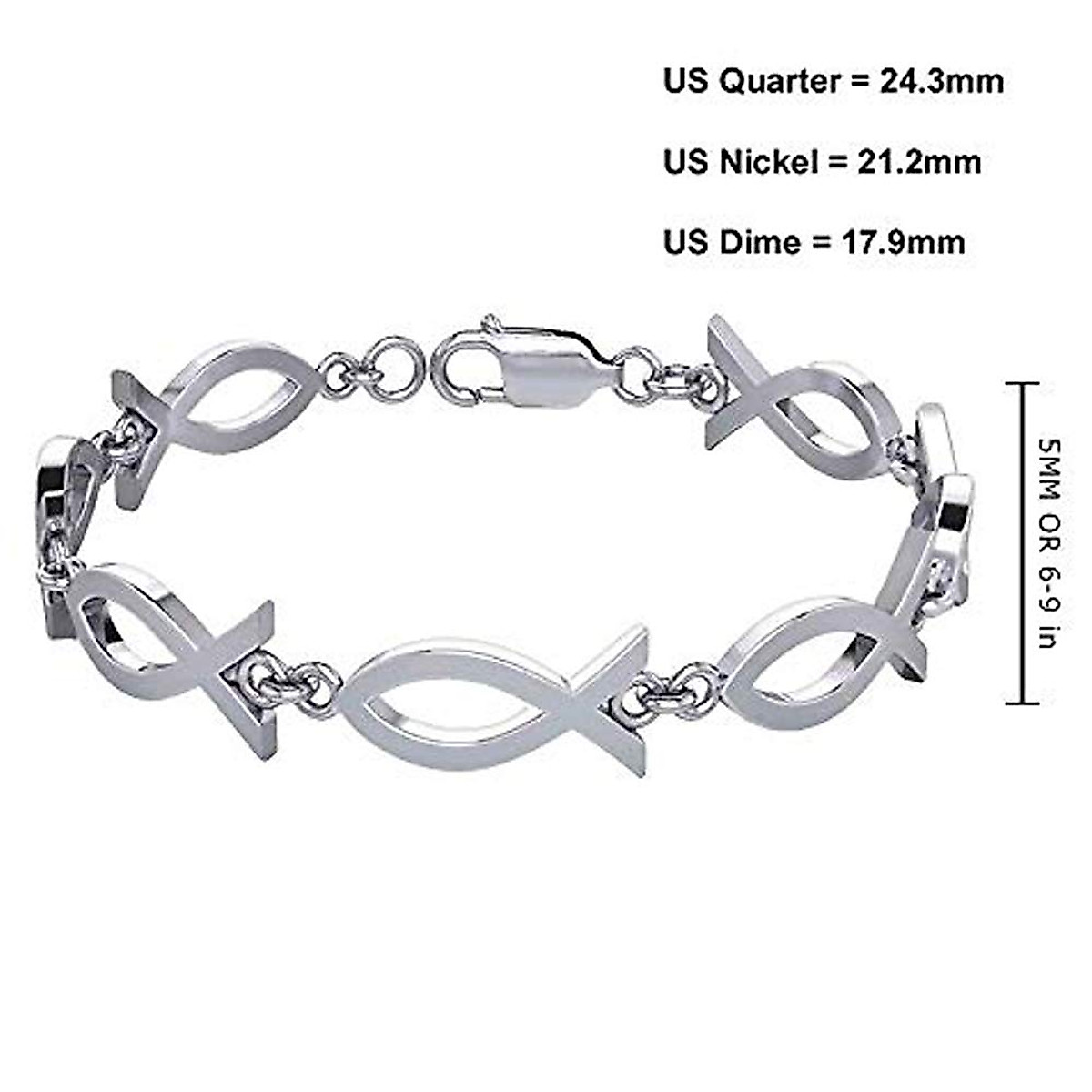 US Jewels 925 Sterling Silver Ichthys Religious Jesus Fish Link Bracelet, 9"