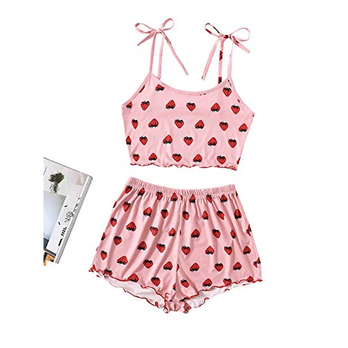 SweatyRocks Women's Summer Strawberry Print Cami Top and Shorts Sleepwear Pajamas Set Strawberry Pink M