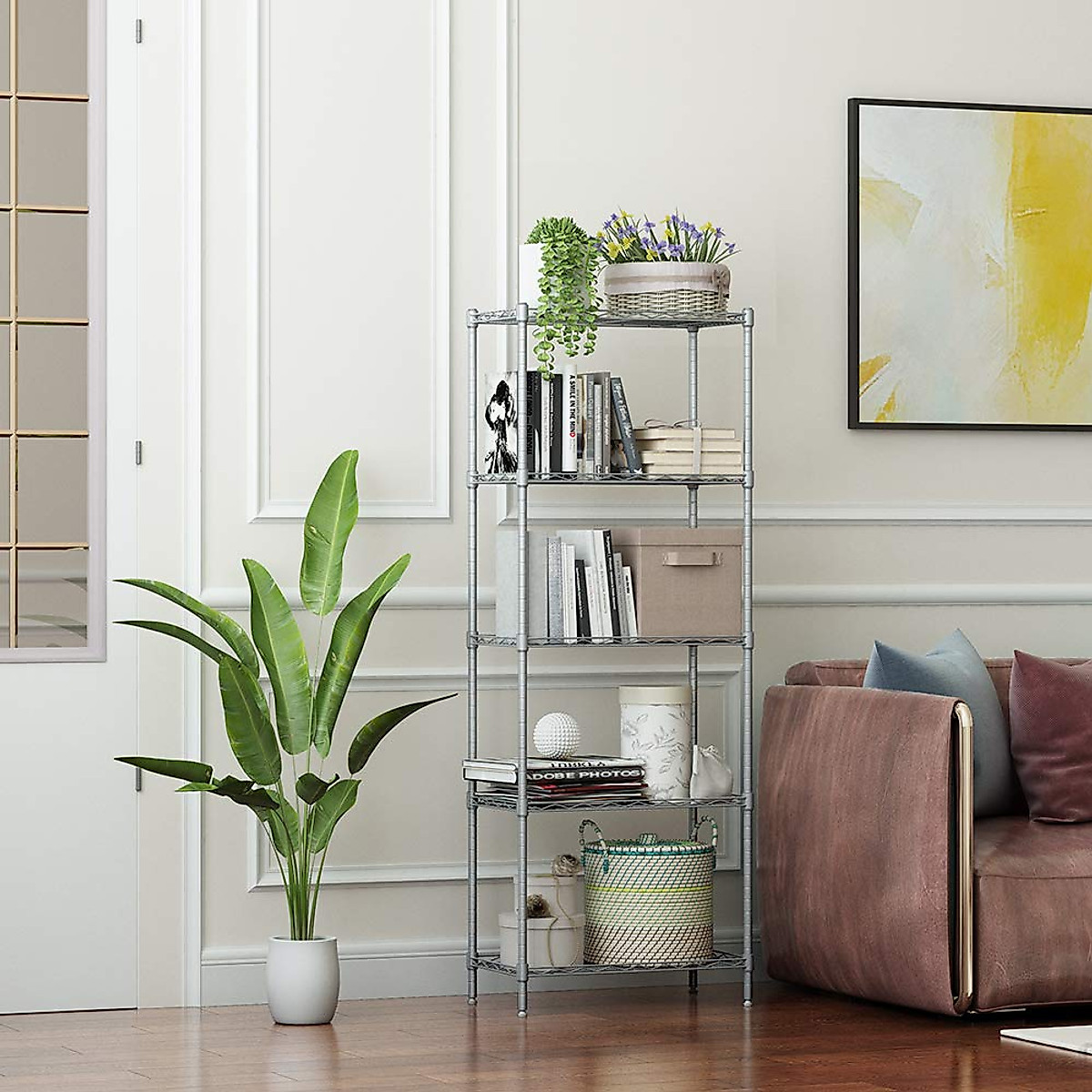 Cozzine 5 Tier Storage Shelves, Adjustable Storage Shelves 21"x 11"x 59" Heavy Duty Steel Tube Wire Shelving Unit (Silver)