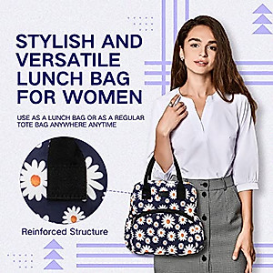 Kasqo Lunch Box Bag for Women, Insulated Thermal Reusable Lunch Cooler Lunch Tote with Front Pocket Daisy
