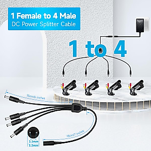 Power Adapter AC 100-240V to DC 12V 2A (2000mA) & 4-Way Power Splitter Cable for CCTV Security Camera/DVR/NVR/LED Strip Lights, UL/FCC/CE Certificated