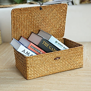 AOMYGOD 3 Pcs Wicker Shelf Storage Baskets with Lid Handwoven Seagrass Rectangular Box with Cover Household Woven Rattan Organizer Bins Shelf Wardrobe Organizer (Beige)