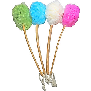 4 Pack Shower Loofah Body & Back Scrubber - Exfoliating Loofah luffa loofa Bath Brush On a Stick - with Long Wooden Handle Back Brush for Men & Women - Easy Reach Body Wash & Lotion Applicator