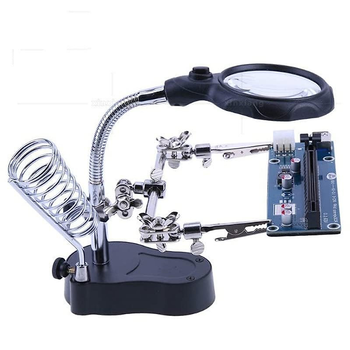 Adjustable Helping Hands Soldering Station, 3.5X 12X Magnifying Glass LED Lighted Magnifier with Auxiliary Clips Alligator Clamp Repair Tools Kit for Craft Carving Soldering, Assembly (Modern)