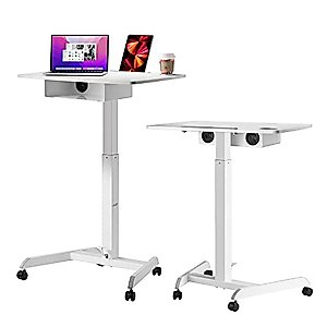 AVLT 44" Height Adjustable Foot Pedal Rolling Desk with Shelf (3 ft 8 inches) - Pneumatic Laptop Standing Desk Cart - Mobile Laptop Cart - White Computer Projector Cart with Brake Casters