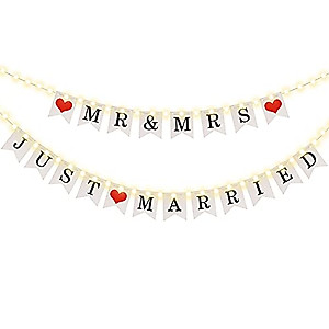 Mr and Mrs Just Married Banner, Wedding Bunting Banner with LED Fairy String Light 8 Flicker Mode, Hanging Sign Garland Pennant Photo Booth Props for Bridal Shower Wedding Engagement Car Party