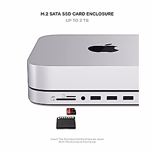 SATECHI Mac Mini Hub & Type-C Stand with SSD Enclosure – Mac Mini Stand - Fits M.2 SATA SSD, USB-C Data Port, Micro/SD Card Readers, USB-A, Headphone Jack Port – for Mac Studio, Mac Mini M1 (Silver)