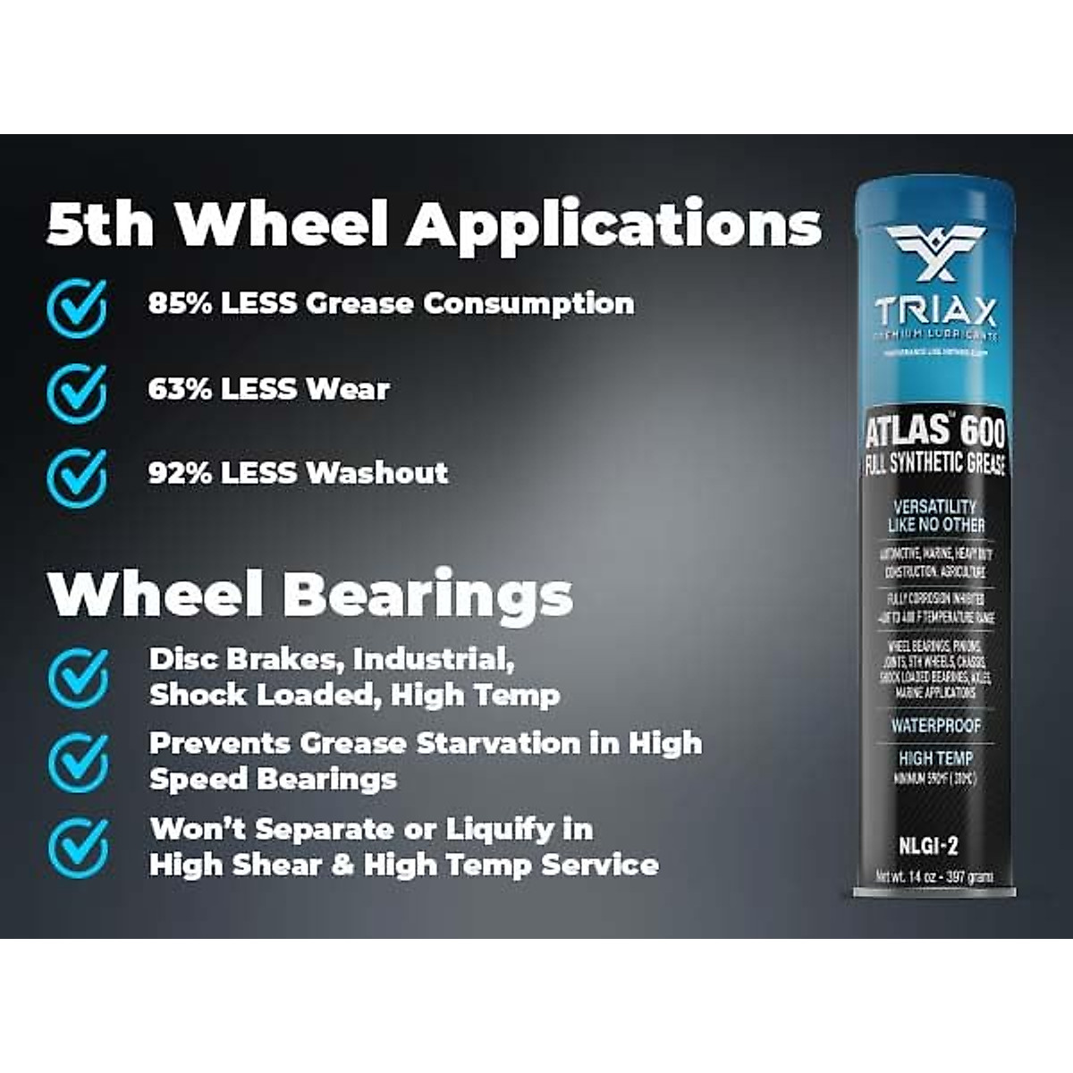 TRIAX Atlas 600 Grease - Full Synthetic, Ultra-Heavy Duty, Low Temp, Marine, Waterproof; All Bearings, Joints, Drive Train & 5th Wheel (10 Pack - 14 Oz Tubes)