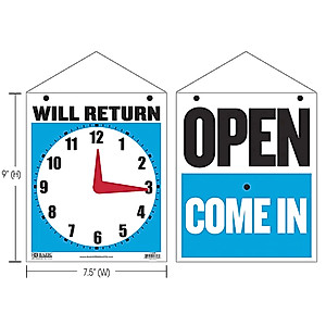 BAZIC Open Sign 7.5"x9", Clock Will Return Will be Back, Double Sides Plastic Vinyl Signs, Business Store Office Bars Retail Salon Shop, 1-Pack