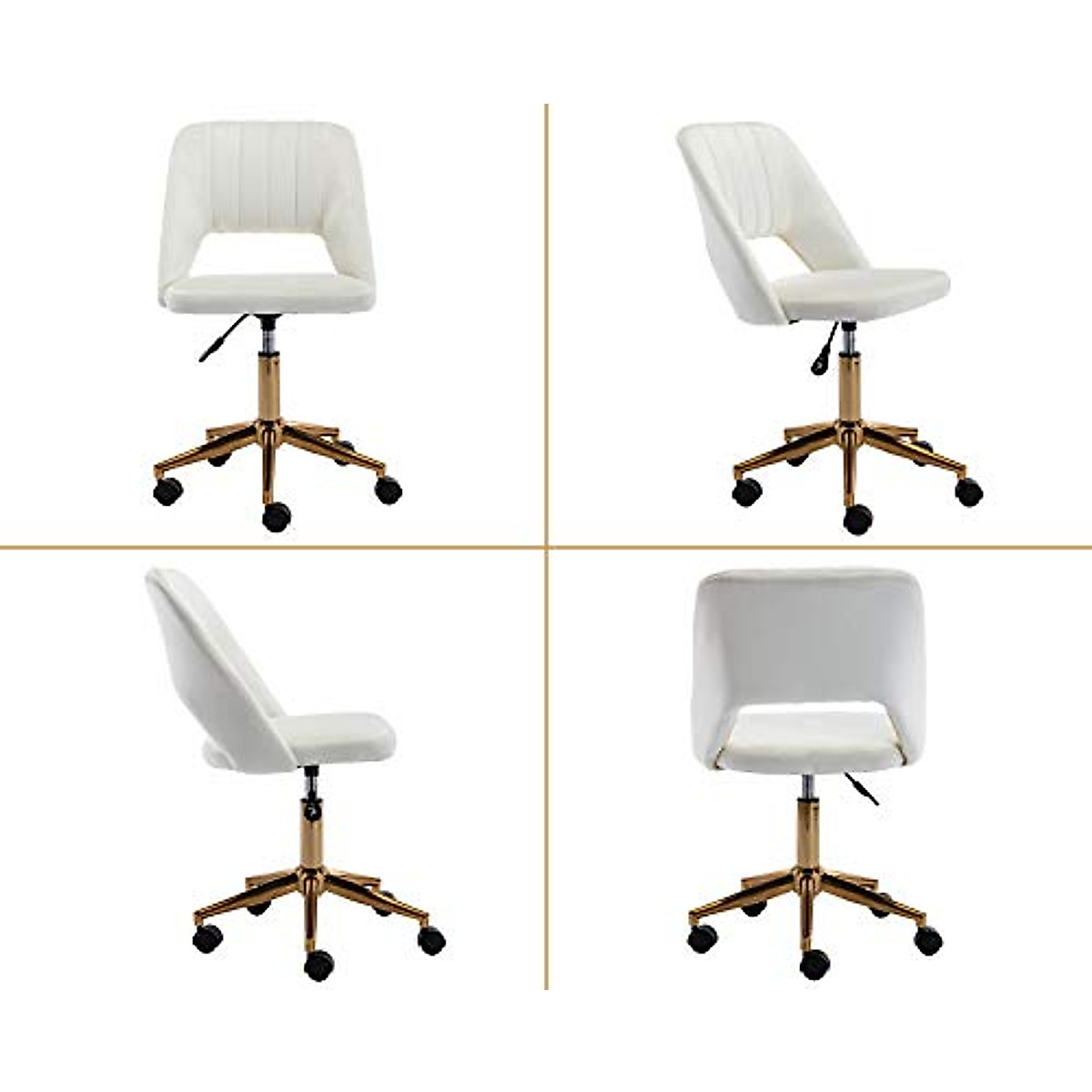 Guyou Desk Chair Armless Office Chair Gold and White, Upholstered Velvet Home Office Chair Cute Vanity Stool for Small Space Teens Study Makeup with Hollow Back, White