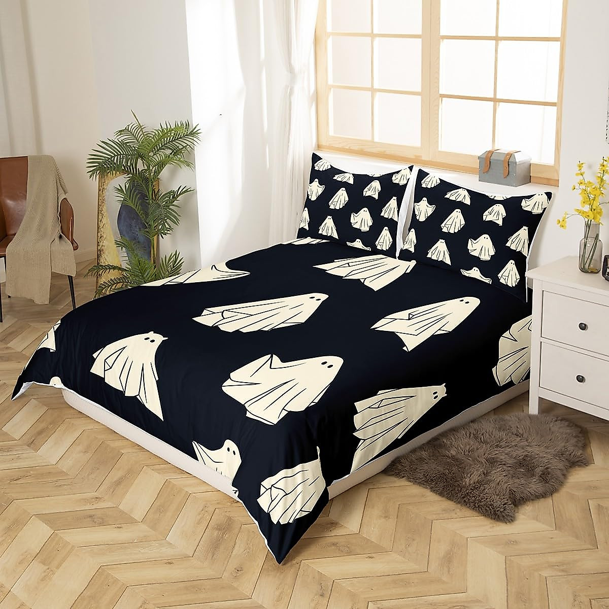 Castle Fairy Black Halloween Theme Decorations,Kids Halloween Ghost Printed Print King Size Duvet Cover for Teens Adults,Ghost Bedroom Decor Soft Comforter Cover with Zipper Closure