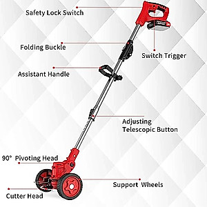 Electric Weed Eater Cordless Weed Wacker Battery Powered, Lightweight Foldable Brush Cutter Grass Trimmer Lawn Edger with 2 2Ah Battery Operated, Wheeled No String Weed Whacker for Garden Yard