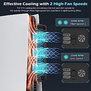 for PS5 Cooling Fan with Led Light, Quiet for PS5 Fan Cooling Fan HUIJUTCHEN for PS5 Cooler Cooling Fan for Playstation 5 Fan with 3 Small Fans 3.0 USB Port 2 Fan Speed Setting Fan