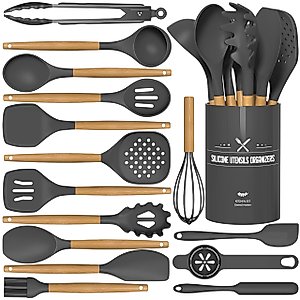 Cooking Kitchen Utensils Set, AIKKIL 16 Pcs Silicone Cooking Utensils Set with Holder, Heat Resistance, Wooden Handle Grey Kitchen Gadgets Utensil Set for Nonstick Cookware