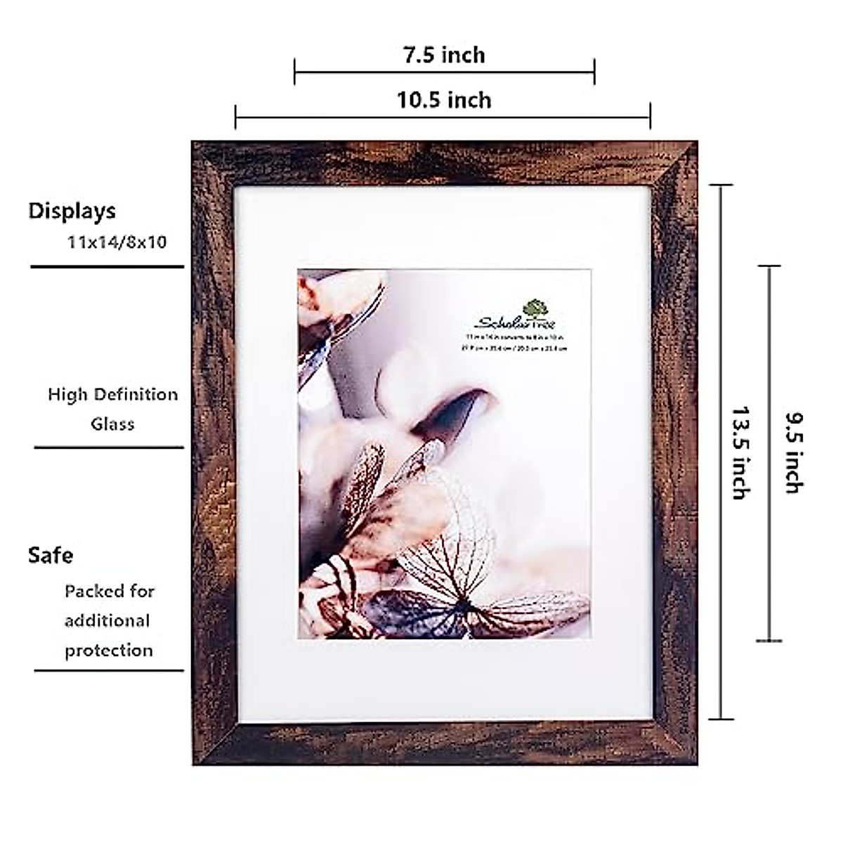 Scholartree Wooden Brown 11x14 Picture Frame with Mat 2 Set in 1 Pack,Display 11x14 without Mat or 8x10 with Mat，Wall Gallery Photo Frames