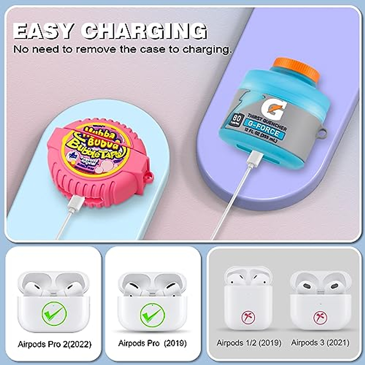 YIPINJIA for AirPods Pro 2 Case Cute [3-Pack], Funny Airpod Pro 2 Case Food 3D Cartoon Silicone Case Compatible for AirPods Pro 2nd Gen Case with Cleaner Pen (Sport Water+Purple Potato+Bubble Gum)