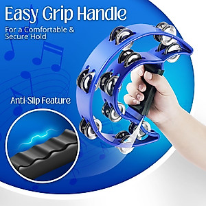 Flexzion Tambourine Metal Half Moon Musical Instruments Double Row Metal Jingles Hand Held Instruments Percussion with Ergonomic Handle Grip, Tambourines for Adults, 2 Packs - Blue