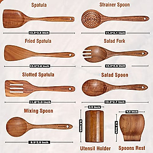 9 PCS Wooden Spoons for Cooking, Wooden Utensils for Cooking with Utensils Holder, Natural Teak Wooden Kitchen Utensils Set with Spoon Rest, Comfort Grip Cooking Utensils Set for Kitchen