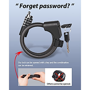 KEYSTP Bike Lock Cable with Combination Key,Password Lost Retrievable Bicycle Lock Anti-Theft,Resettable with Mounting Bracket for Bikes and Scooters