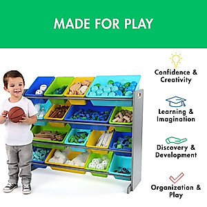 Humble Crew Extra-Large Toy Organizer, 16 Storage Bins, Grey/Blue/Green/Yellow,15.5"D x 42"W x 35"H