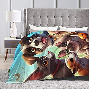 Pet Pals in The Grass - Flannel Fleece Blanket, Cat and Dog Printed, Ideal for Sofa, Bed, and Outdoor Camping, Soft and Comfortable, 50"x60"