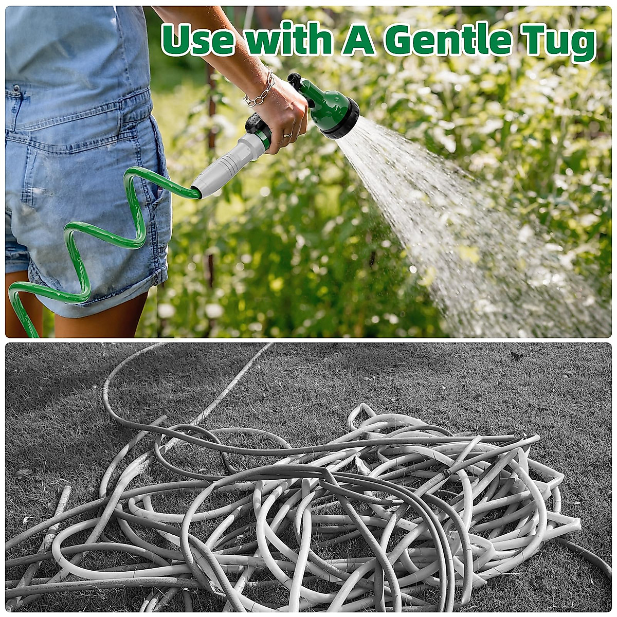 SPECILITE Lightweight Coil Garden Hose 50 FT× 3/8”, EVA Flexible Coiled Water Hose with 6-Pattern Spray Nozzle, Retractable Curly Recoil Watering Hoses and No Kink for Boat, Greenhouse, Yard, patio