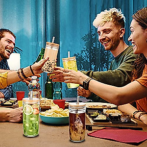 MOHARY [ 4 Pack ] Glass Cups Set - 24oz Mason Jar Drinking Glasses with Bamboo Lids & Straws & 2 Airtight Lids & 2 hole Lids - Cute Reusable Boba Bottle, Travel Tumbler for Tea, smoothie