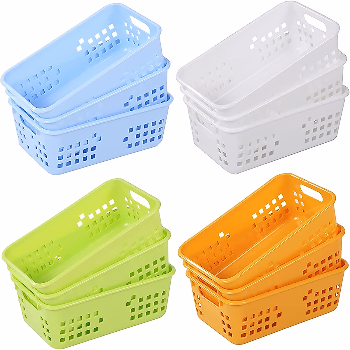 NDSWKR 12 Pack Small Plastic Storage Baskets, 8.5 x 5.5 x 3 Inch Colorful Classroom Organizer Basket for Kitchen Office Shelves Bathroom Cabinet