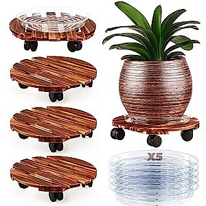 5 Pack Plant Caddy with Wheels Heavy Duty 13.5 Inch Wooden Plant Stand with Wheels Plant Dolly Rolling Plant Stand Plant Roller with Casters for Indoor and Outdoor with 5 Pack Plant Saucers, Round