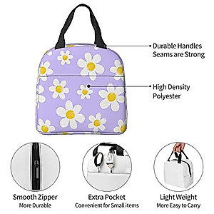 Lunch Bag White Daisy Flower Purple Insulated Lunch Box Reusable Bags Meal Portable Container Tote For WomenTravel Work Picnic Boxes