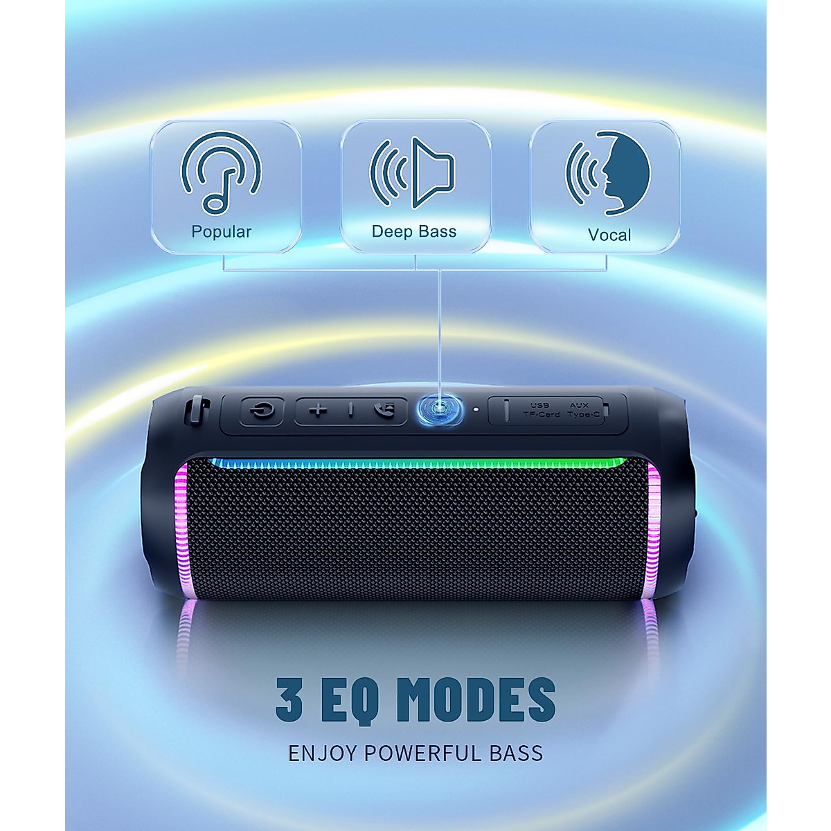Ortizan Portable Bluetooth Speaker, 40W HD Sound and Deep Bass, IPX7 Waterproof, True Wireless Stereo, Bluetooth 5.3, 30H Playtime, LED Lights, Preset EQ, USB Play, for Home, Outdoor, Party, Black