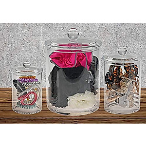 HOME-X Set of 3 Apothecary Jars, Cotton Ball & Swabs Holder, Bathroom Storage, Crystal Clear Acrylic Container with Lid-24 oz.-12 oz.-5 oz