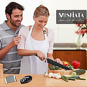 MOSFiATA 8” Super Sharp Titanium Plated Chef's Knife for Kitchen with Finger Guard and Knife Sharpener in Gift Box, High Carbon German Stainless Steel EN1.4116 Titanium Coated Stylish Cooking Knife