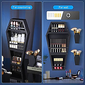 Homde Large Makeup Coffin Shelf with 2 Coffin Brush Holders Solid Wood - 3 Shelf Coffin Holder for Gothi Decor - Free Standing/Wall Hanging Spooky Coffin Decor for Bedroom or Bathroom